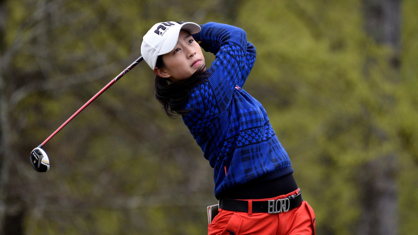 Yu-Chiang Hou of the Chinese Taipei plays a tee shot during a practice ...
