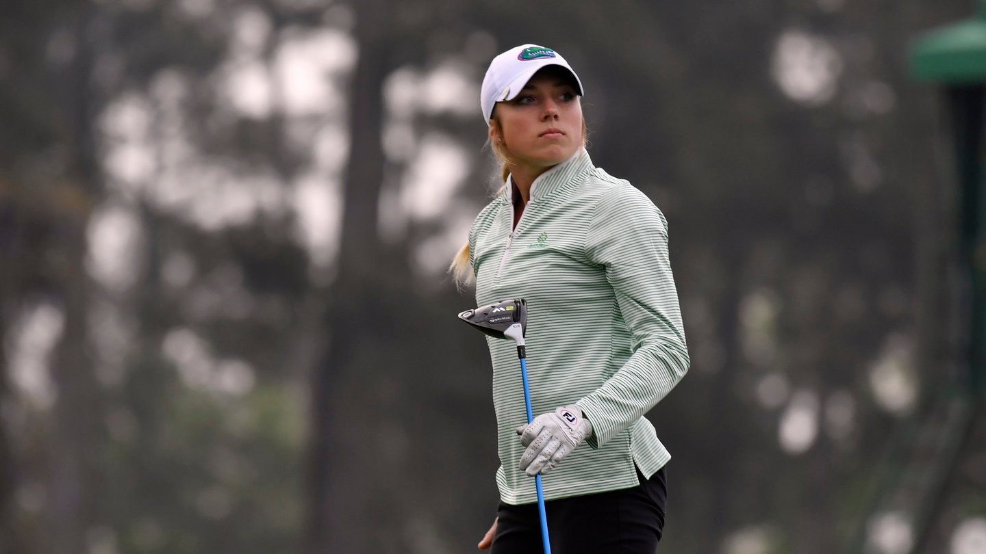 Sierra Brooks of the United States watches her drive from No. 1 during ...