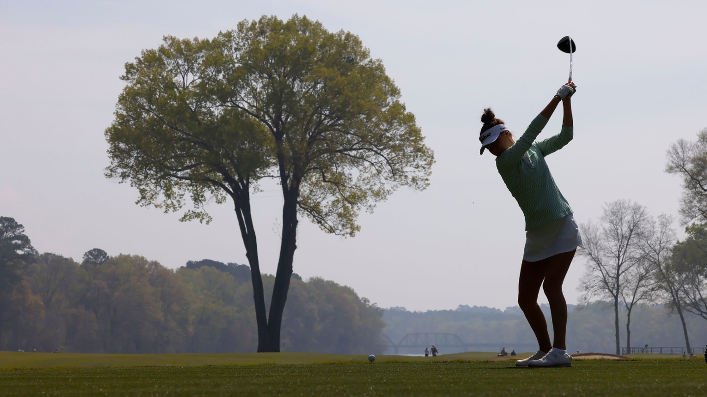 Anna Davis of the United States plays her stroke from the No. 4 tee ...